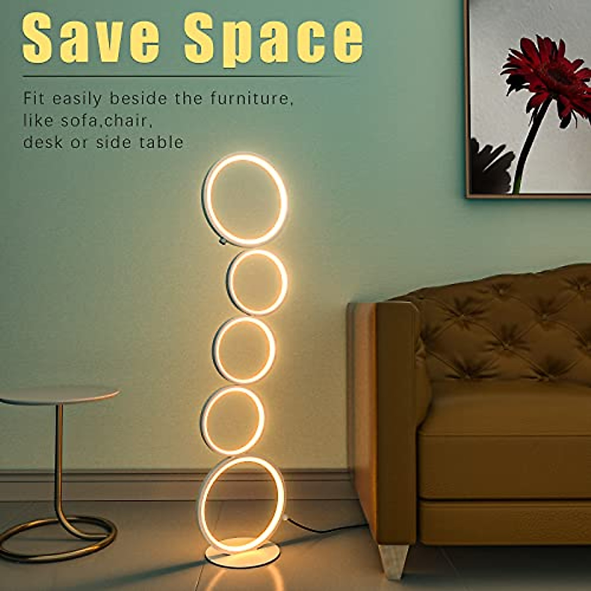 JIRTH LED Floor Lamp for Living Room 3 Brightness Levels Dimmable Touch Switch Modern Ring Tall Standing Lamp 42 Inches Art Deco Floor Light for Bedroom Home Office(White)