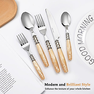 PUREAIN Laurel Silverware Set, 40 Pieces Flatware Set for 8, Vintage Cutlery Set with Champagne Acrylic Handle Including Fork Spoon and Knife, Dishwasher Safe