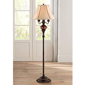 Barnes and Ivy Traditional Standing Floor Lamp Multi 4-Light 63" Tall Antique Bronze Copper Gold Tortoise Glass Font Fabric Bell Shade Candelabra Decor for Living Room Reading House Bedroom