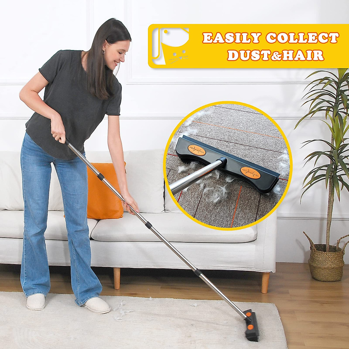 Goldcolin Rubber Broom for Pet Hair Remover, Carpet Rake Fur Remover Broom with Squeegee, Carpet Rake for Pet Hair Removal, Pet Hair Rubber Broom for Fluff Carpet, Hardwood Floor, Tile, Window