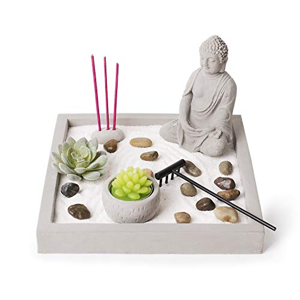 Cement Zen Garden – All-in-One Miniature Rustic Garden – Artificial Sculpture Made from Resin and Concrete – Mini Set with Rocks, Sand, Candle and Incense Holder – Brilliant Home or Office Decoration