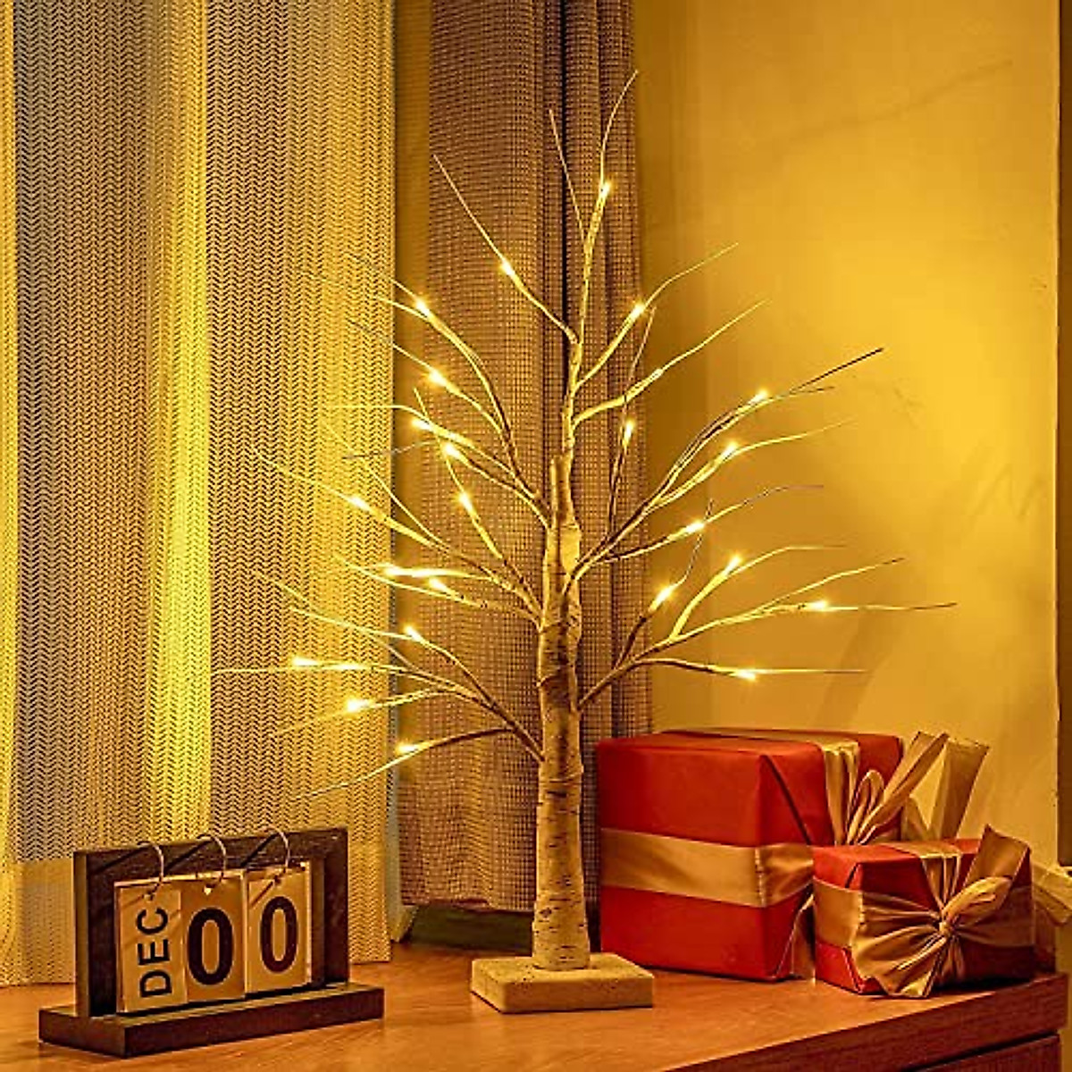 ESTTOP 2FT 24LT Led Lighted Birch Tree, 24 Inch Small White Money Artificial Fairy Tree for Christmas Decorations Indoor, Battery Powered Timer Wedding Party Home Mantle Table Top Centerpieces Decor