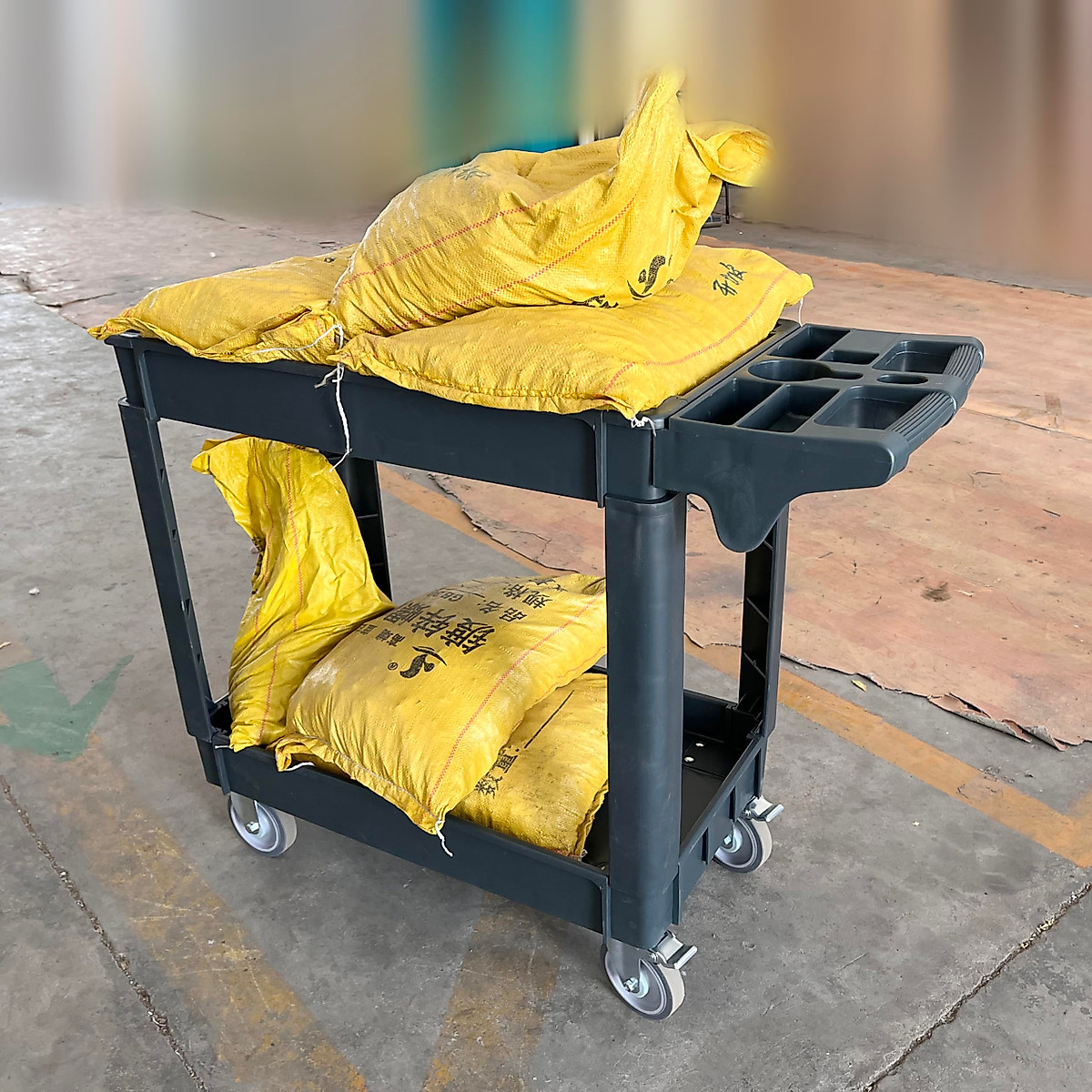 HIGOOD Utility Service Cart, 2-Shelf 500LBS Heavy Duty Plastic Rolling Utility Cart with 360° Swivel Wheels, Lipped Shelves, Ergonomic Storage Handle for Warehouse/Garage