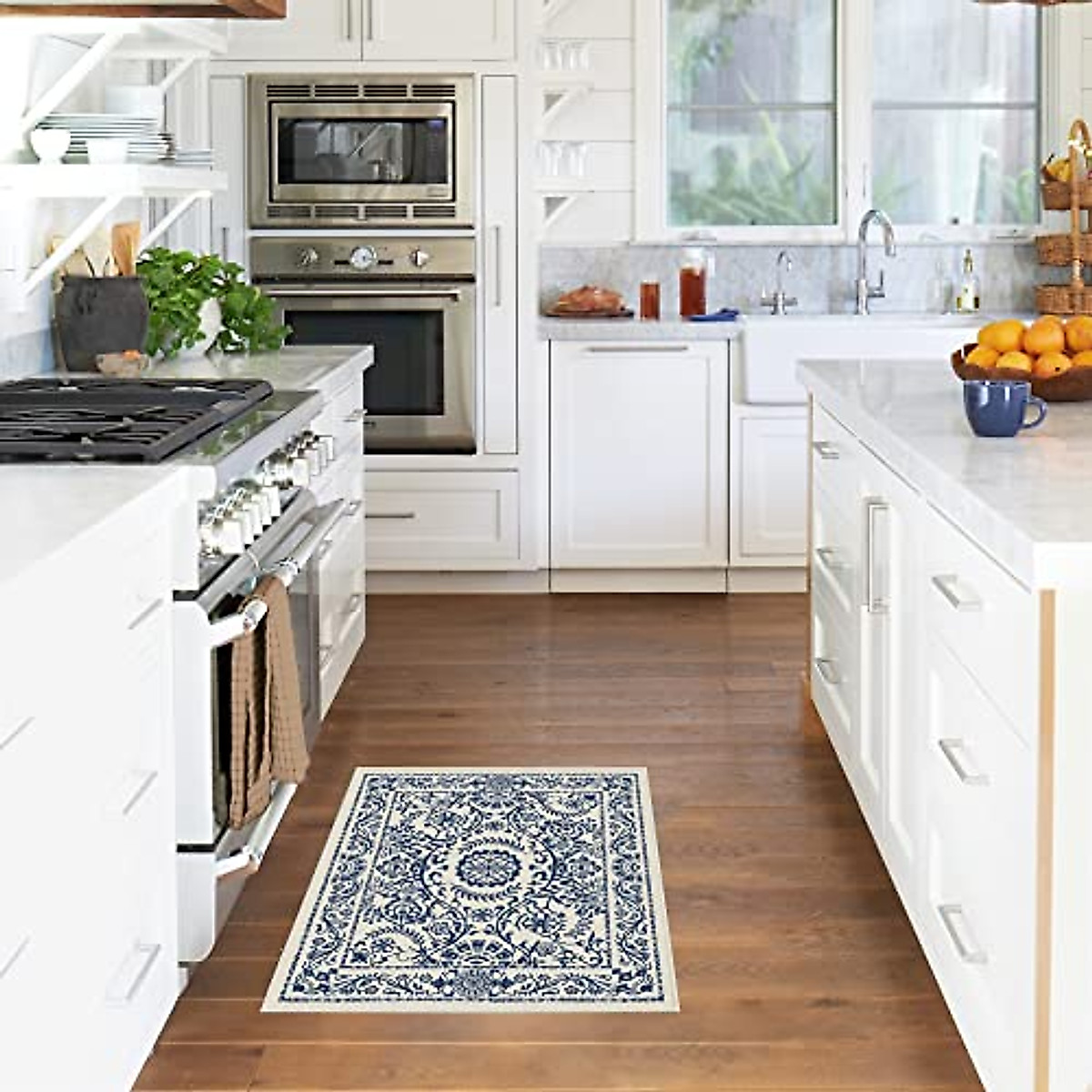 RUGGABLE Washable 2x3 Area Rug, Delphina Delft Blue, Premium Vintage Rugs for Living Room, Bedroom, Kitchen, Office, Classroom with Gripper Non Slip Pad