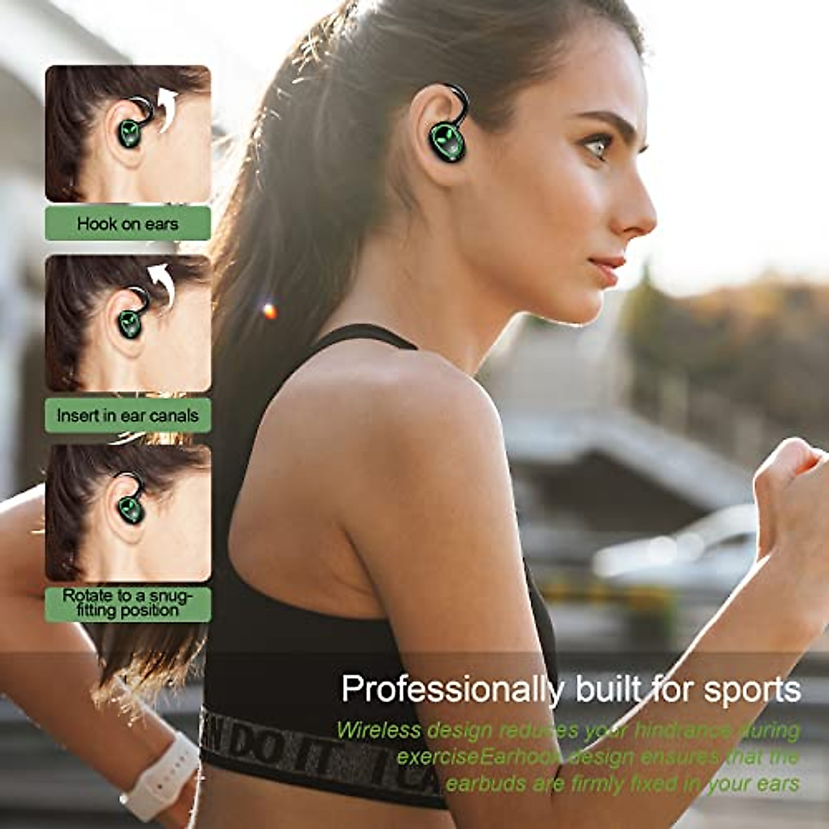 Wireless Earbud, True Bluetooth Headphones 50H Playtime, Deep Bass Bluetooth Earbud with Mic, Noise Cancelling Earphones with Earhooks, IP7 Waterproof in Ear Bluetooth Earphones for Sports/Gym, Black