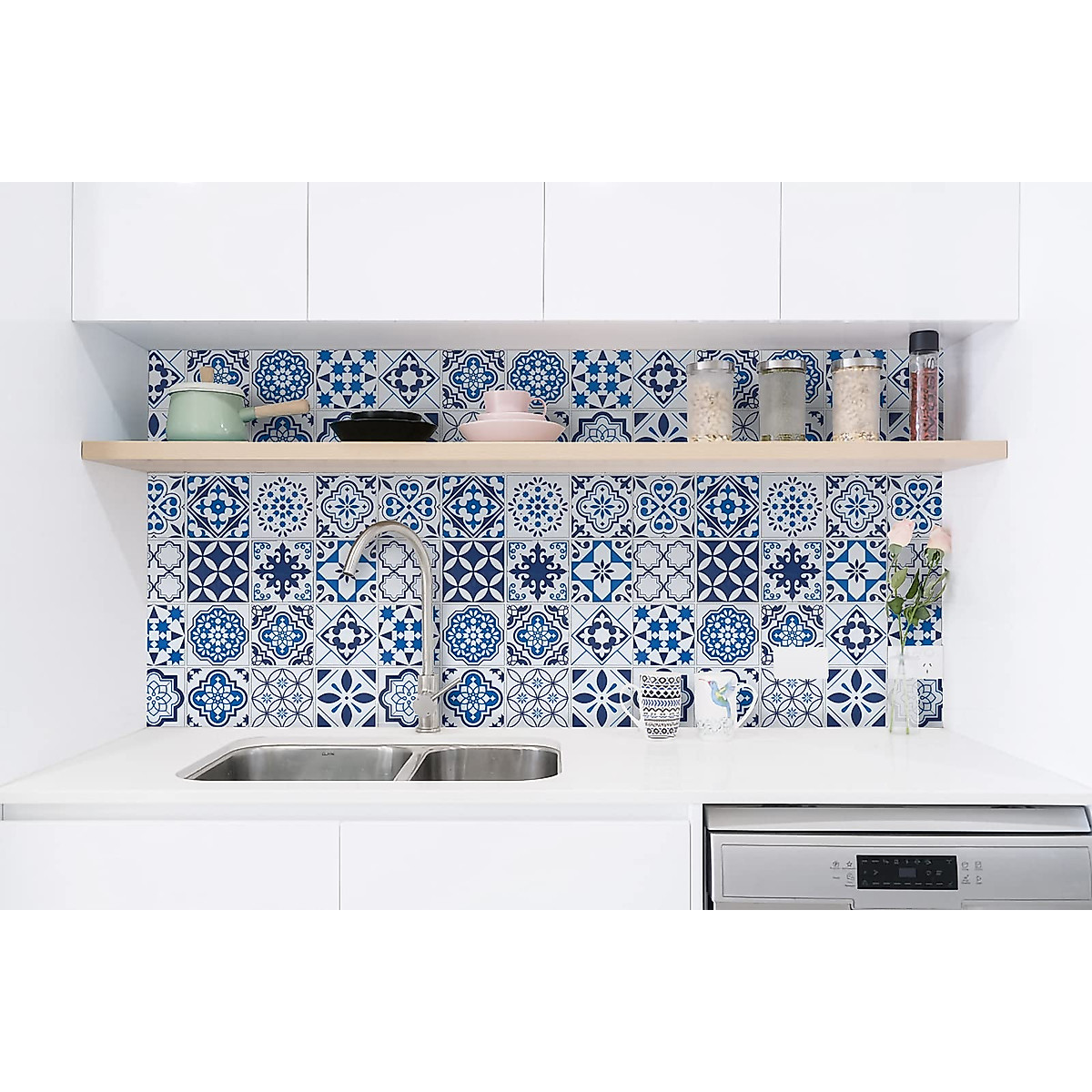 197"x 17.7"Blue Pattern Contact Paper Glossy Surface Waterproof Contact Paper Decorative Self Adhesive for Kitchen Bathroom Counters Removable Counter Paper Peel and Stick Wallpaper Easy to Clean