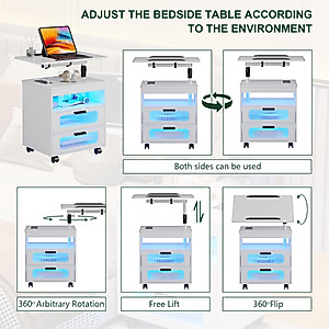 HNEBC Nightstand with Wireless Charging Station, LED Nightstand Has Adjustable Rotary Workstation,Smart Night Stand with 2 Drawers,Modern Bedside Table for Bedroom, Sensor Light/Wheel (White)