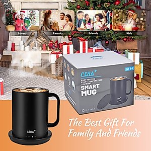 Temperature Control Smart Mug with Lid, 14oz, Self Heating, 1.5-hr Battery Life + Type-C Charging Coaster，APP or Manual Controlled, On/Off Time Preset by APP, Double Layers S.S, Gift-Packing