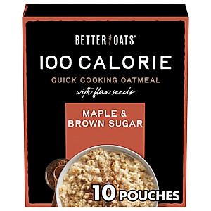 Better Oats 100 Calorie Maple and Brown Sugar Oatmeal Packets, 100 Calorie Oatmeal Pouches, 90 Second Instant Oatmeal with Flax Seeds and Rolled Oats, Pack of 6, 9.8 OZ Pack
