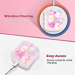 Cute AirPods Case with Love Pendant Colorful Round Bead Keychain, Glitter 3D Stars Design Soft Protective Cover Compatiable with AirPods 2nd & 1st Generation Case