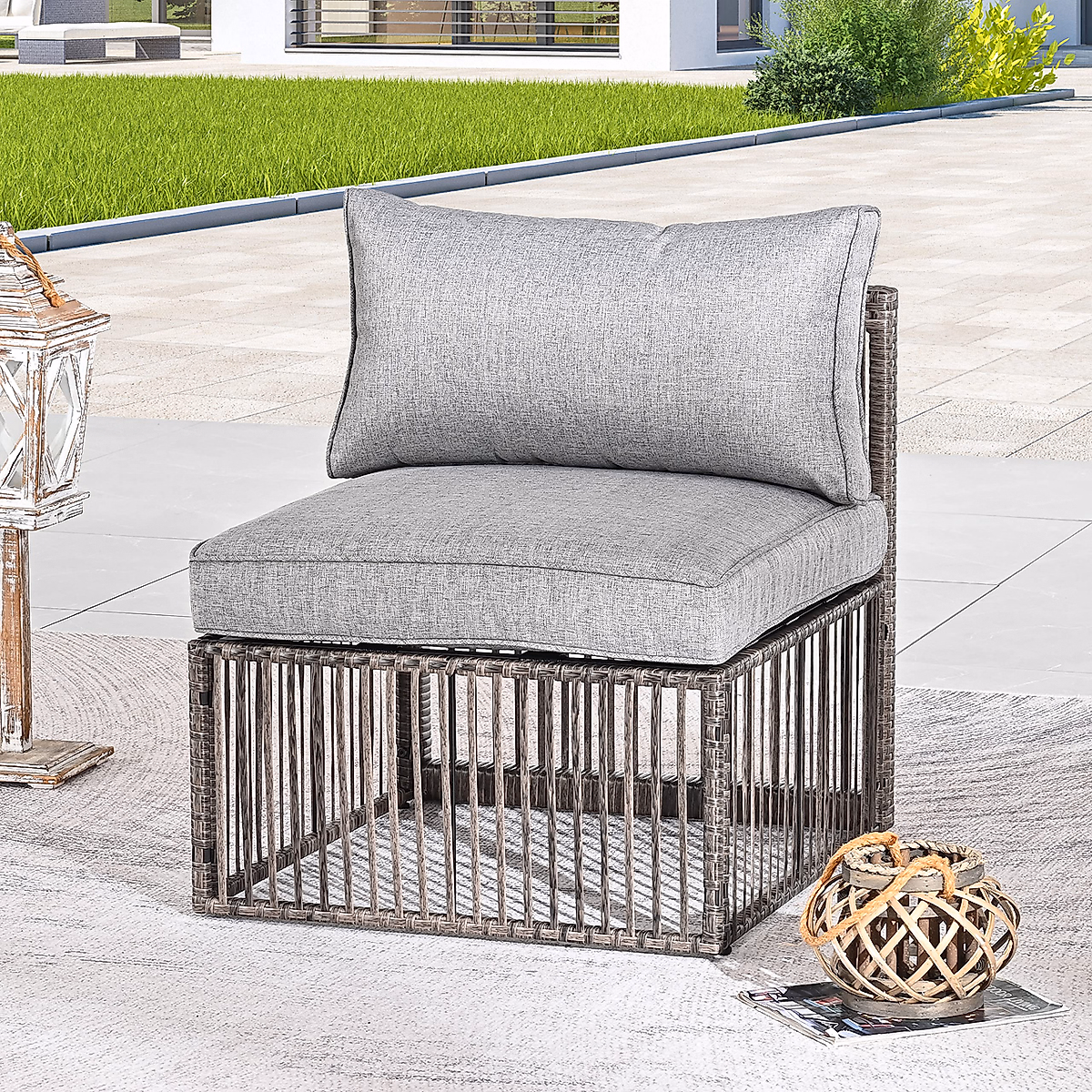 Festival Depot Wicker Patio Single Sofa, Outdoor Armless Chair, All-Weather Brown PE Rattan Couch Chair Waterproof Sectional Furniture for Balcony Garden Pool Lawn Backyard, Grey Thick Cushion