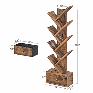 Yzosvki 9 Tier Tree Book Shelf with Drawer, Floor Standing Bookshelf Storage Organizer Bookshelves for Books/CDs, 9 Shelf Narrow Bookcase for Sturdy Room, Bedroom, Living Room, Rustic Brown