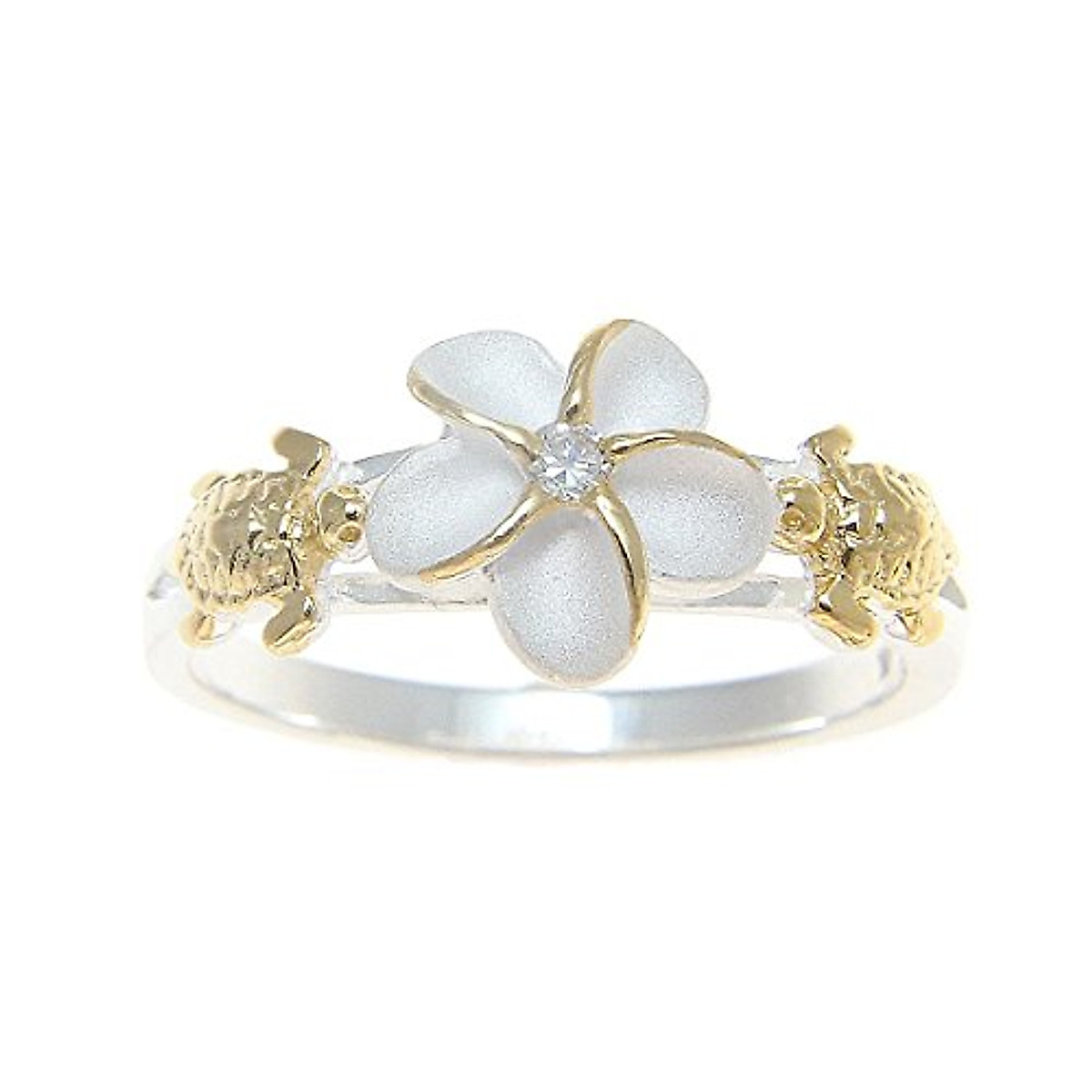 Arthur's Jewelry Sterling silver 925 Hawaiian plumeria flower cz turtle ring 2 tone yellow gold plated size 8