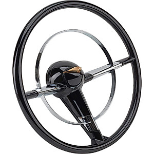 Speedway Motors 15 Inch Steering Wheel and Adapter Plate, Fits 1955-56 Chevy, 3-Spoke Design with Black and Chrome Finish Replaces Original 18 Inch Steering Wheel