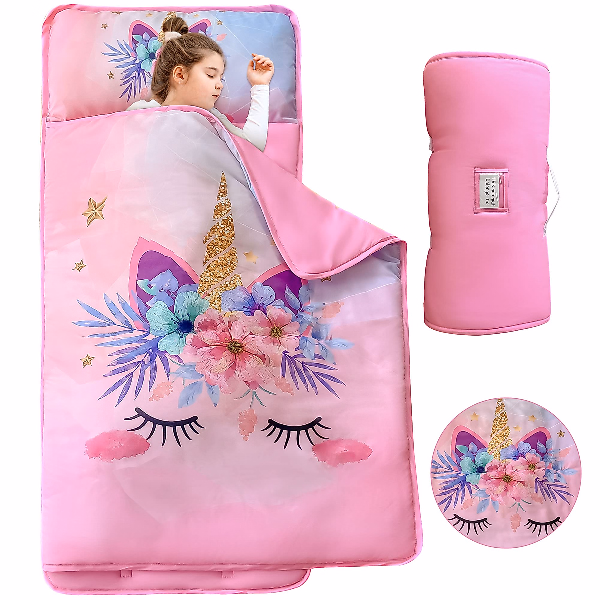 Unicorn Toddler Nap Mats for Preschool Daycare Girls Pink Cartoon Kids Sleeping Mats Toddler Slumber Bag Nap Pad with Removable Pillow for Girls Boys Kindergarten Sleepovers Travel and Camping