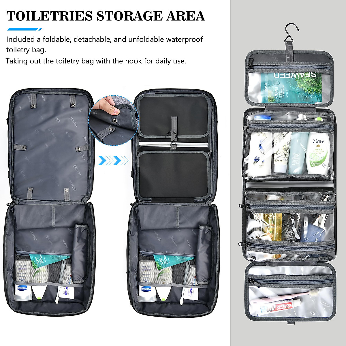 LOKASS 55L Travel Backpack All in One Carry on Backpack/Handbag/Shoulder bag, Flight Approved Travel Essentials Luggage Bag for Business Trip Travel, with Removable Toiletries Display Bag