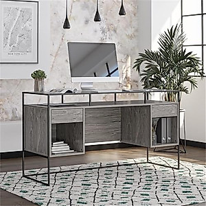 Ameriwood Home Camley Modern 2-Drawer Desk with Fluted Glass Top, Gray Oak