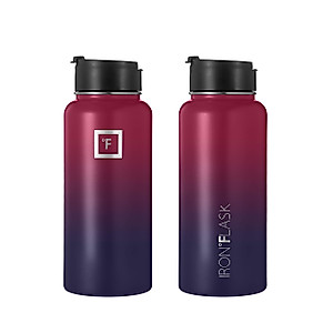 IRON °FLASK Sports Water Bottle - Wide Mouth with 3 Straw Lids - Stainless Steel Gym & Outdoor Bottles for Men, Women & Kids - Double Walled, Insulated Thermos, Metal Canteen - Dark Rainbow, 32 Oz