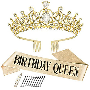 Makone Gold Birthday Decorations Tiara for Women, Birthday Queen Sash and Rhinestone Tiara Set with Combs, Crystal Hair Accessories for Women and Grils Birthday Party Decorations