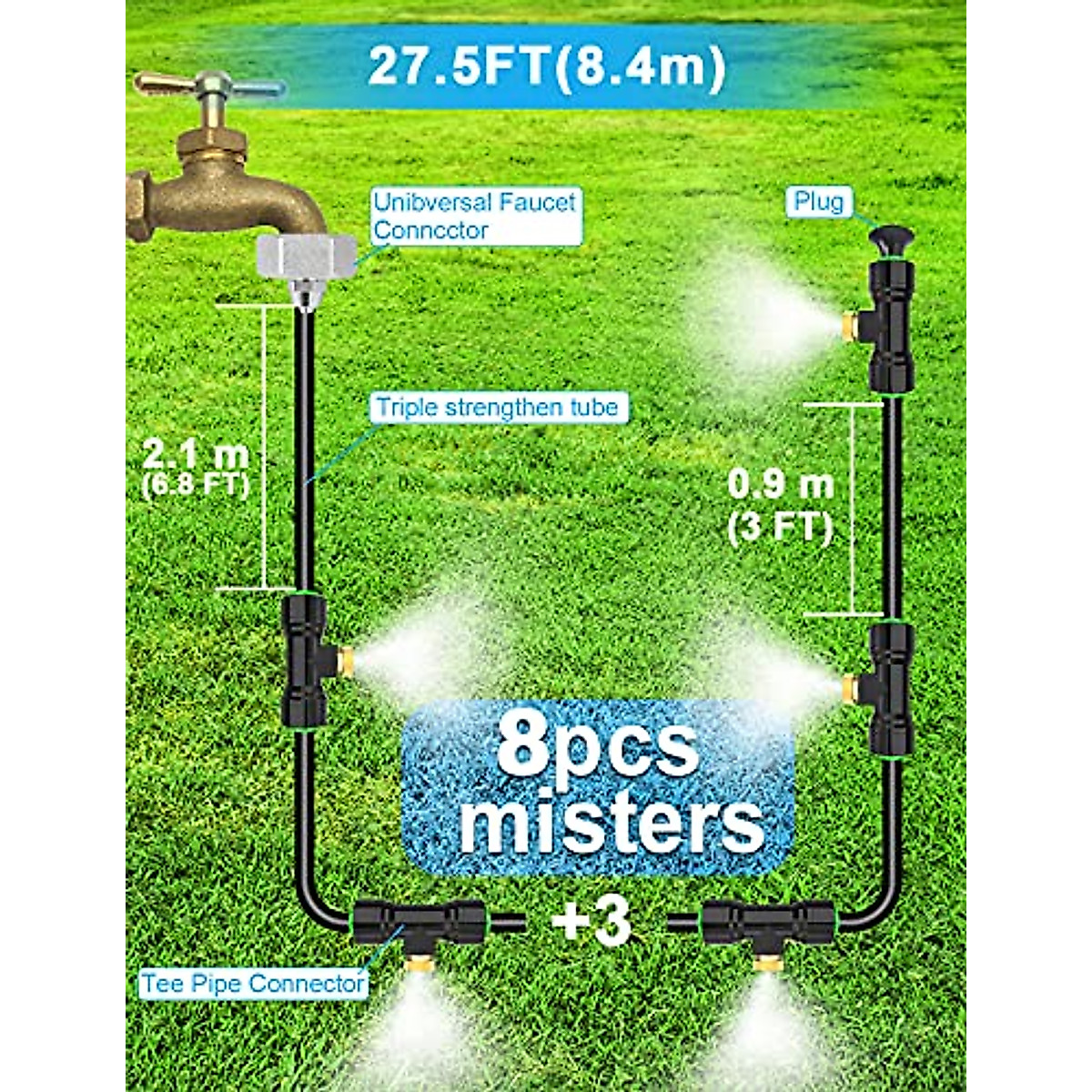 Lekit Misters for Outside Patio 27.5FT(8.4M)+8 Brass Mist Nozzles+a Brass Adapter(3/4") Detachable Outdoor misting Cooling System for Garden, Waterpark, Greenhouse, Backyard