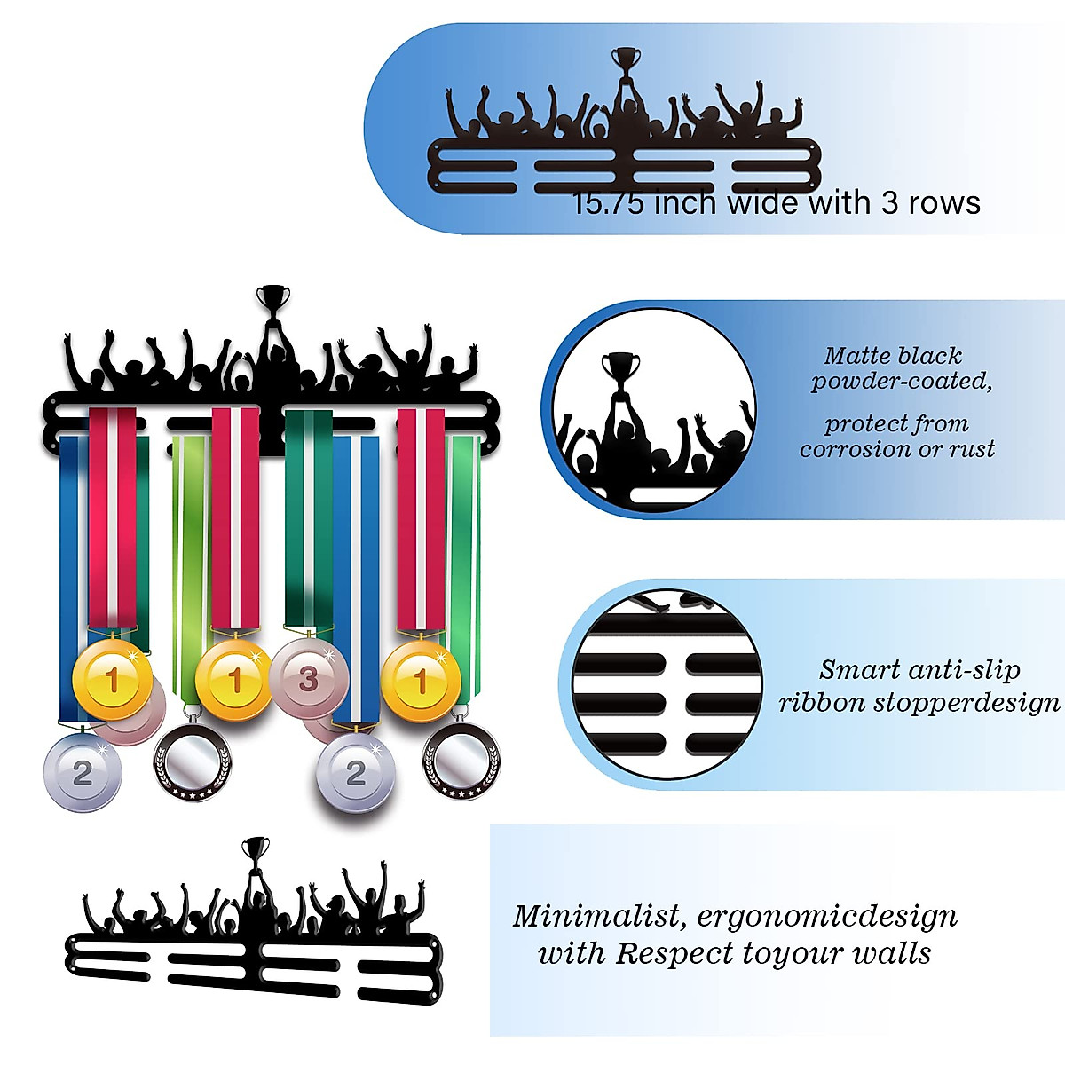 PH PandaHall Medal Hanger Display Celebration Medal Holder Award Ribbon Hanger 3 Lines Medal Hanger Cheer Gymnastics Sport Award Rack Wall Mount Iron Frame for Over 50 Medals 15.75 Inch/40cm