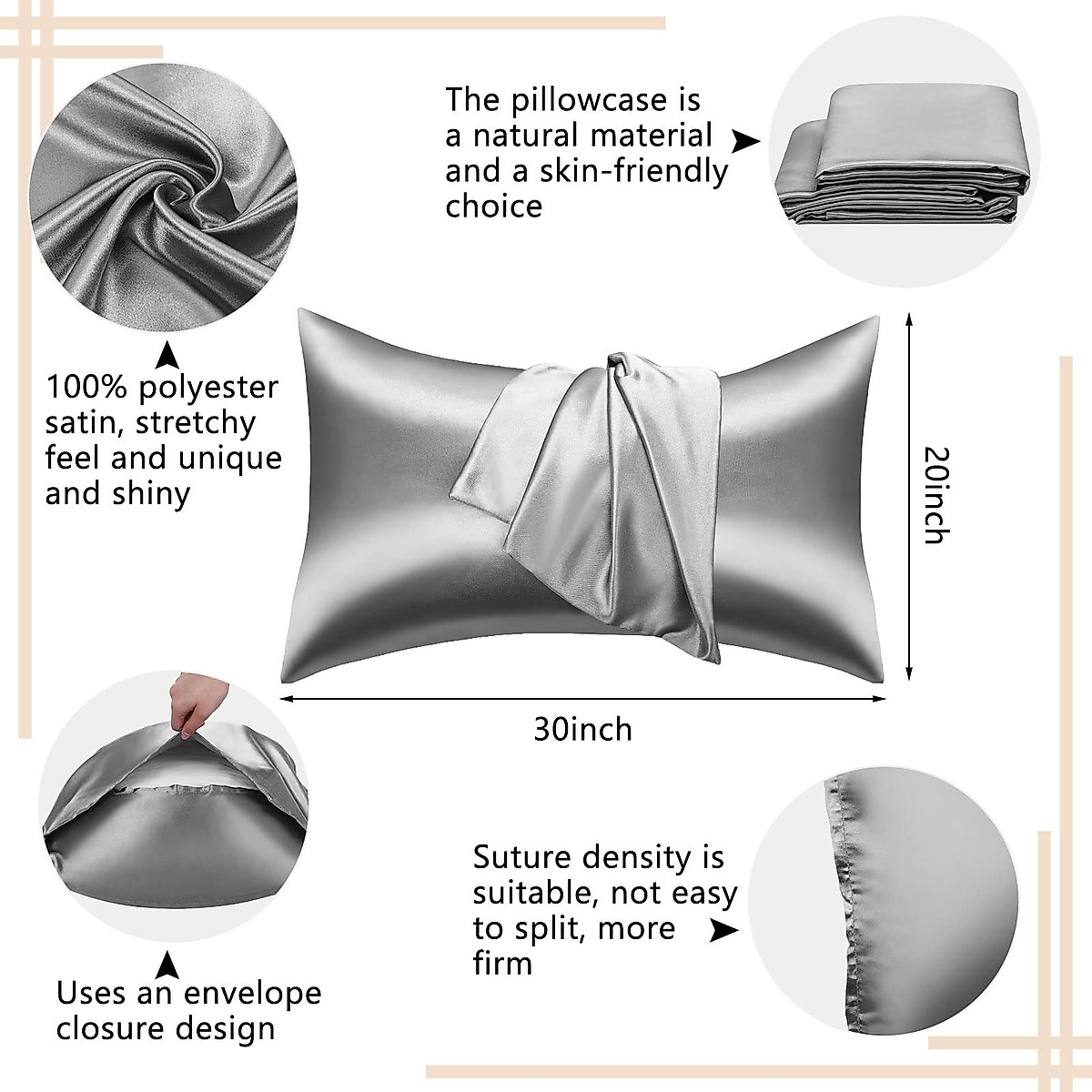30 Pack Satin Pillowcase for Hair and Skin Queen Size Silk Pillow Cases Bulk, 20x30 Inch Satin Pillow Case Washable Cooling Pillowcase Cover with Envelope Closure for Bedding Sleeping Women Men(Grey)