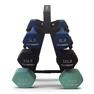 HolaHatha Hex Dumbbell Weight Training Home Gym Equipment Set with 5, 10, and 15 Pound Fitness Hand Weights with Storage Organizer Rack, Multicolor