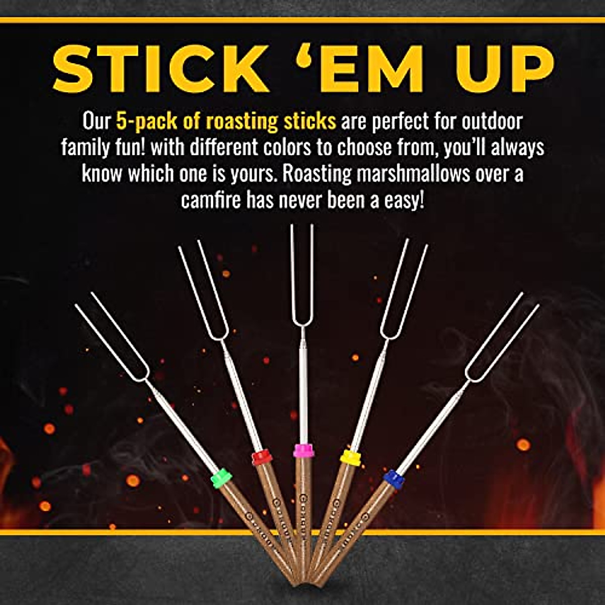 CORQUE Marshmallow Roasting Sticks, Smores Sticks, Extendable, Camping Skewer for Fire Pit, Wooden Handle, 32inch Metal for BBQ Hotdog, Cooking, Campfires, Bonfires, Set of 5