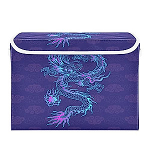 xigua Purple Chinese Dragon Storage Bins with Lids Foldable Large Cube Storage Boxes with Handles for Home Bedroom Closet Office (16.5x12.6x11.8 in)#40