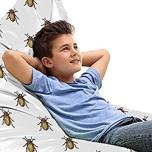 Lunarable Yellow Striped Lounger Chair Bag, Repeating Cartoon of Nature Creature Simple Symmetric Ornament, High Capacity Storage with Handle Container, Lounger Size, White and Pale Peach