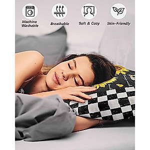 Sunflower Pillow Covers Standard Size Set of 2 20x26 Bed Pillow, Farmhouse Spring Floral Bee Rustic Black White Plaid Plush Soft Comfort for Hair/ Skin Cooling Pillowcases with Envelop Closure