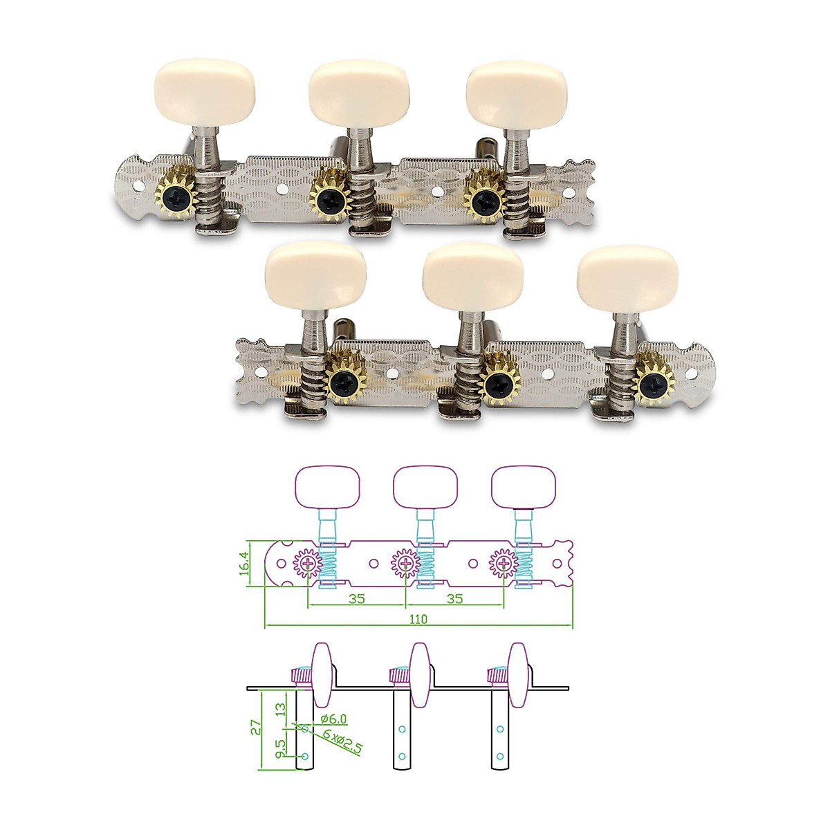 Metallor 3 on a Plank Guitar Tuning Pegs Chrome Plated Machine Heads Tuning Keys Tuners Single Hole for Classical Guitar 3L 3R. (G326)