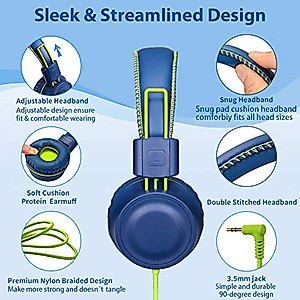 POWMEE M2 Kids Headphones Wired Headphone for Kids,Foldable Adjustable Stereo Tangle-Free,3.5MM Jack Wire Cord On-Ear Headphone for Children/Teens/Girls/School/Kindle/Airplane/Plane/ (Blue)