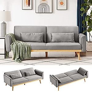 AWQM Velvet Futon Sofa Bed, Memory Foam Couch Set, Upholstered Modern Daybed Convertible Folding Loveseat Recliner with Pillows and Wooden Frame for Compact Living Room, Apartment, Dorm, Office (Grey)