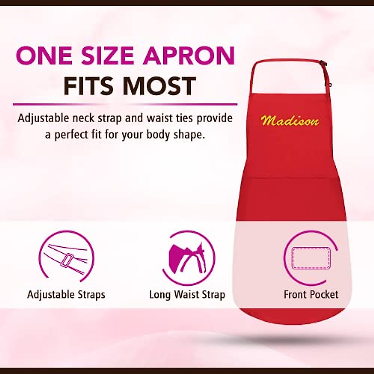 Personalized Apron with Hat for Men and Women - Custom Apron with Embroidered Name - Unisex Red Apron with Pockets for Kitchen Cooking Baking Restaurant BBQ Painting Crafting