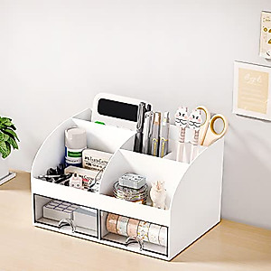 COMFYROOM Desk Organizer and Accessories with 6 Compartments and 2 Drawers, Plastic Makeup Organizer, Pen Holder for Desktop Storage, Desk Organization for School, Home, Office Supplies (White)