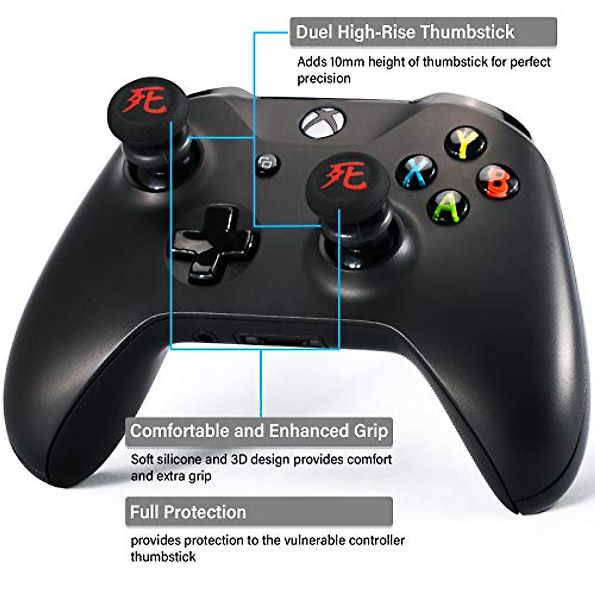Playrealm FPS Thumbstick Extender & Printing Rubber Silicone Grip Cover 2 Sets for Xbox Series X/S & Xbox One Controller(Death of Kanji)