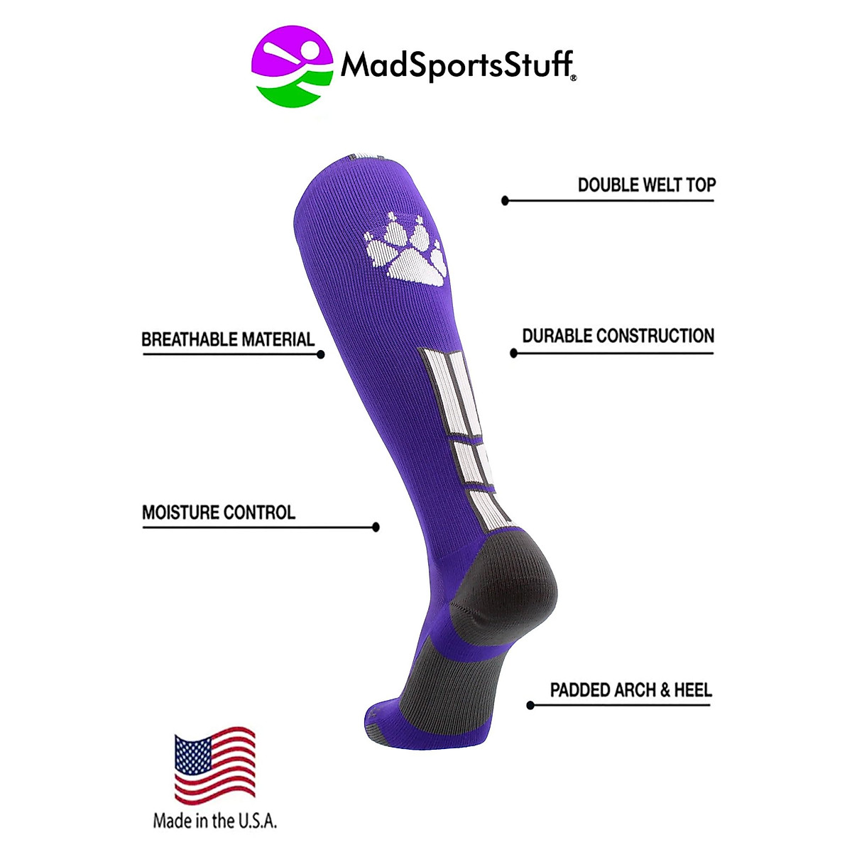 MadSportsStuff Wild Paw Over the Calf Socks (Purple/White/Graphite, Small)