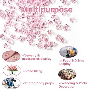 Sukh 13OZ Acrylic Ice Rocks - Small Diamond Crystal Clear Gem Stone Jewels as Plastic Clear Ice Cube Faux Rocks for Pebbles for Vase Filler & Iridescent Home Decorations & Table Centerpiece (Pink)