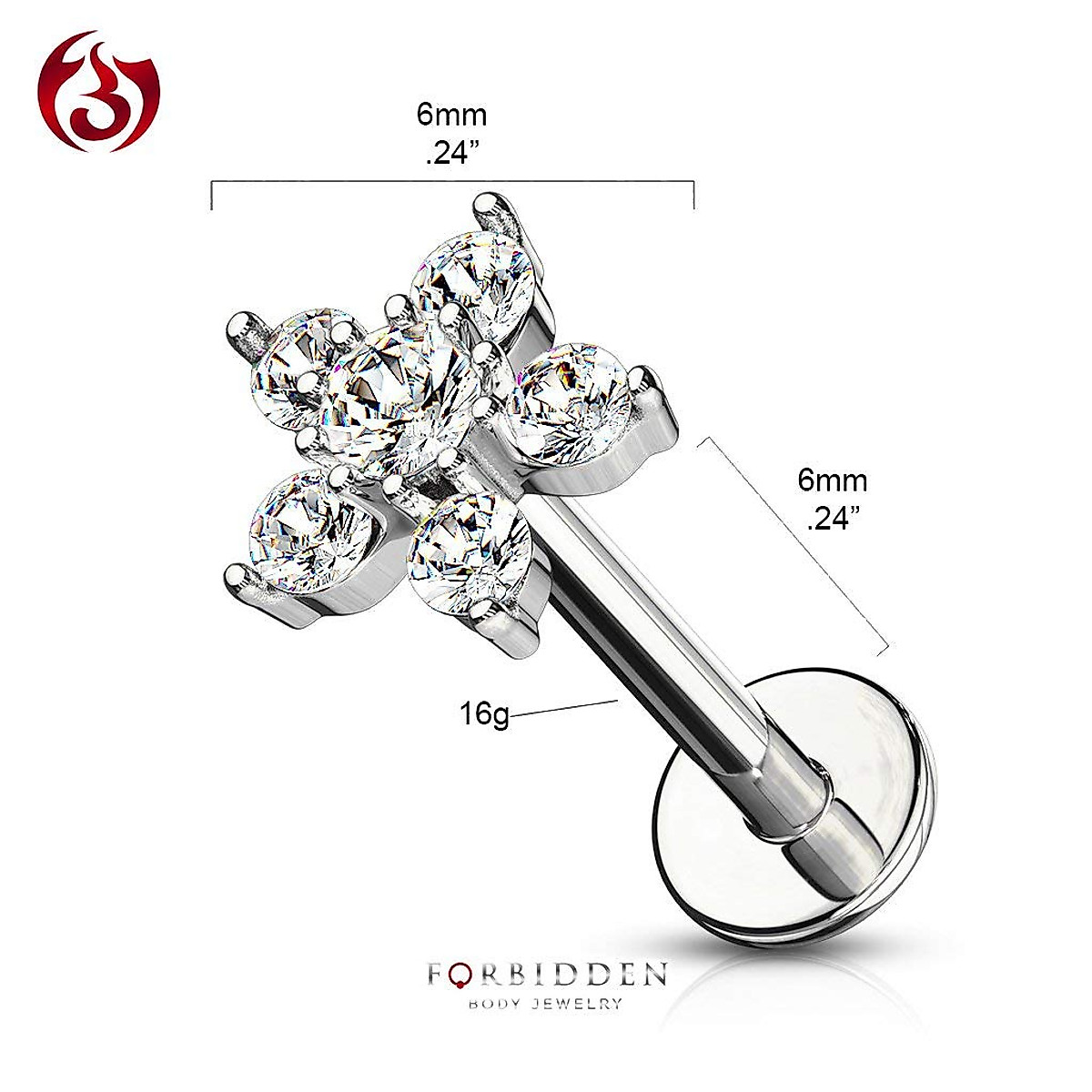 Forbidden Body Jewelry 16g 6mm Internally Threaded Cartilage/Tragus/Labret/Monroe Stud w/Double Tier Floral Top, Clear