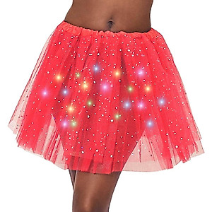 DRESBE Women's LED Skirt Light Up Star Tutus Glow Tulle Dance Skirts Party Rave Festival Christmas Halloween Clothes (Red)