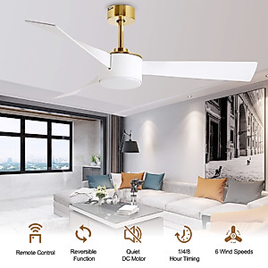 Fanliving 52 Inch Ceiling Fan with Lights Remote Control, Indoor Modern Ceiling Fan with High CFM Quiet DC Motor, 3 Blade White Gold Ceiling Fan for Bedroom Living & Dining Room