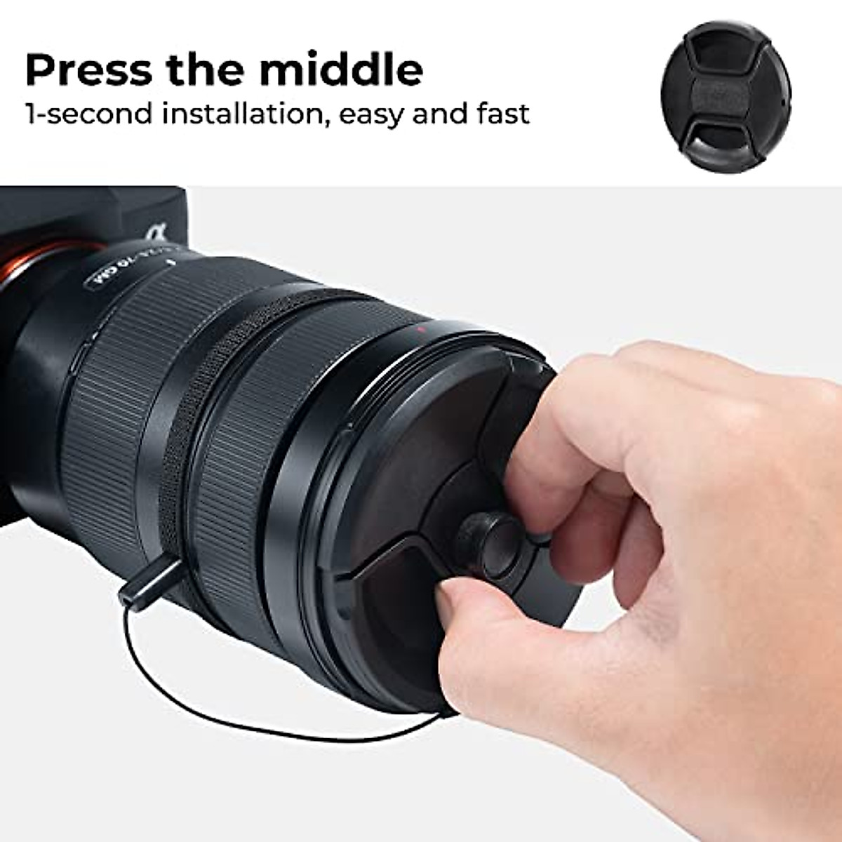 K&F Concept 58mm Lens Cap, 9-in-1 Center Pinch Lens Cover + Anti-Loss Keeper Leash + Microfiber Cleaning Cloth Kits Compatible with Nikon, Canon, Sony, Fujifilm Camera Lenses