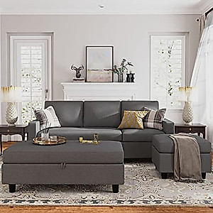 HONBAY Reversible Sectional Couch with Ottoman L-Shaped Sofa for Small Spaces Sectional Sofa with Chaise in Dark Grey
