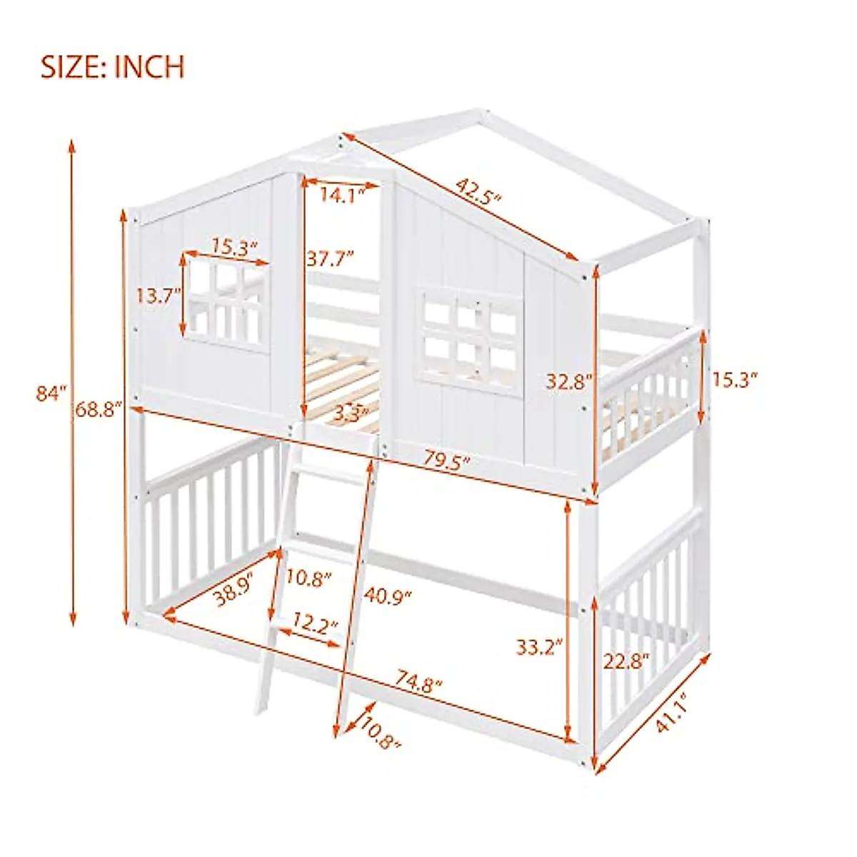 Yehha Twin Over Twin House Bunk Bed for Kids, Heavy Duty Wooden Bed w Roof and Windows, 75° Inclined Ladder, Guard Rails for Girls Boys Bedroom, White