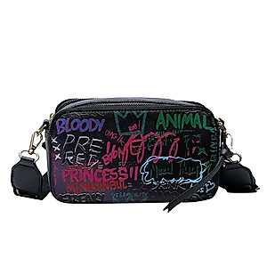 OXYPLAY PU Leather Graffiti Square Bag, Large-capacity Tassel Bag, Shoulder Messenger Bag, Double Zipper Adjustable Wallet (Black)