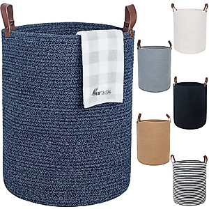 Caroeas XX-Large Cotton Rope Basket, 20'' x 16'' Rope Baskets with Leather Handles, 80L Woven Baby Laundry Blanket Basket, Woven Basket for Toys, Collapsible Rope Laundry Basket (Blue)