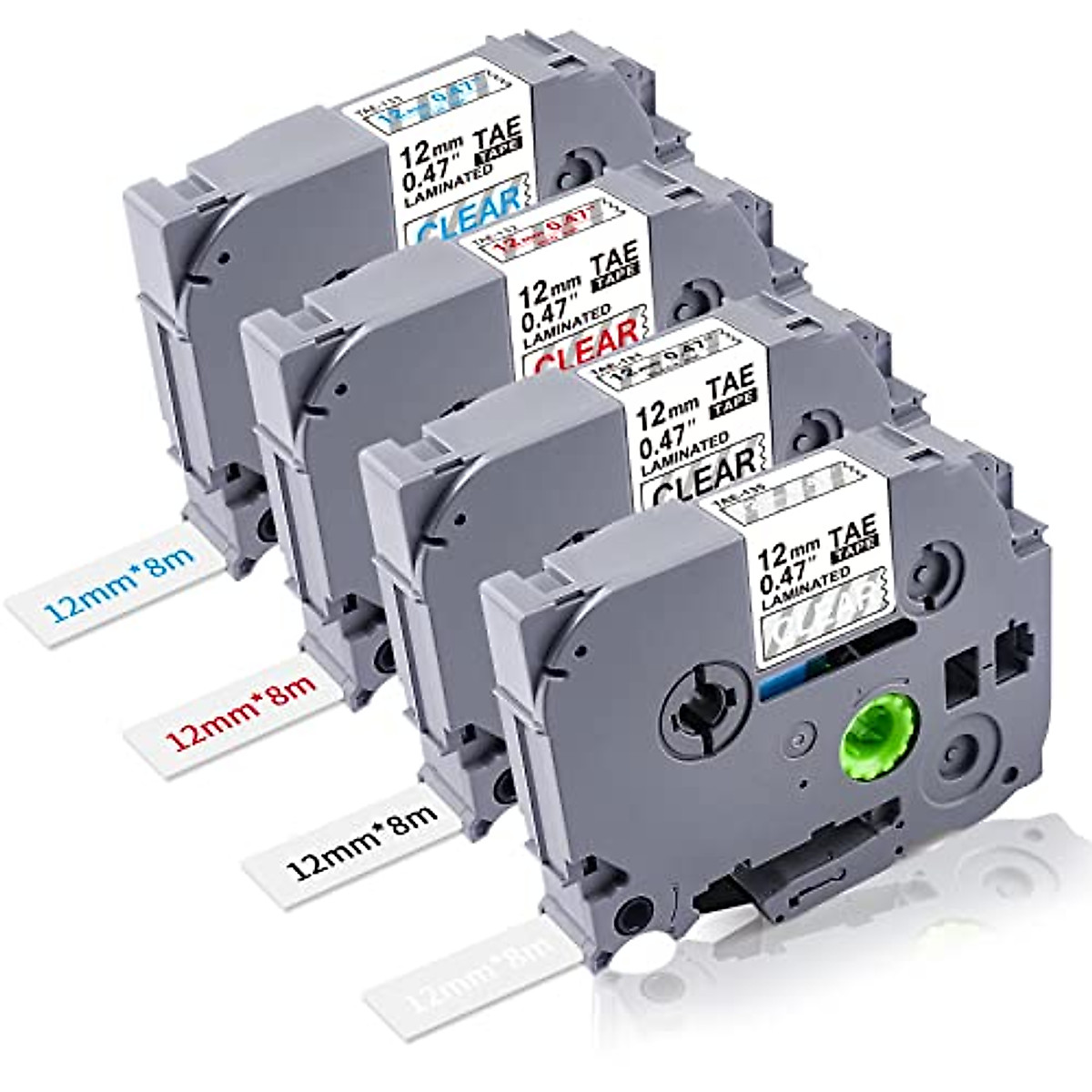 4PK TZ Tape Clear 12mm Compatible with Brother TZe 131-135 P Touch Label Tape TZ 12mm 0.47 Laminated Clear,Black/Red/Blue/White on Clear Label Maker Tape for Ptouch PTD210 PTD400 PTH100 PTH110 PTD600