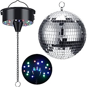 Sratte 3 RPM Electric Rotating 6 Inch Disco Ball Mirror Motor Rotating Motor with 4 Colors LED Light and Disco Ball Stage Mirror Balls for DJ Band Pub Party Wedding Banquet Night Club Holiday (Silver)