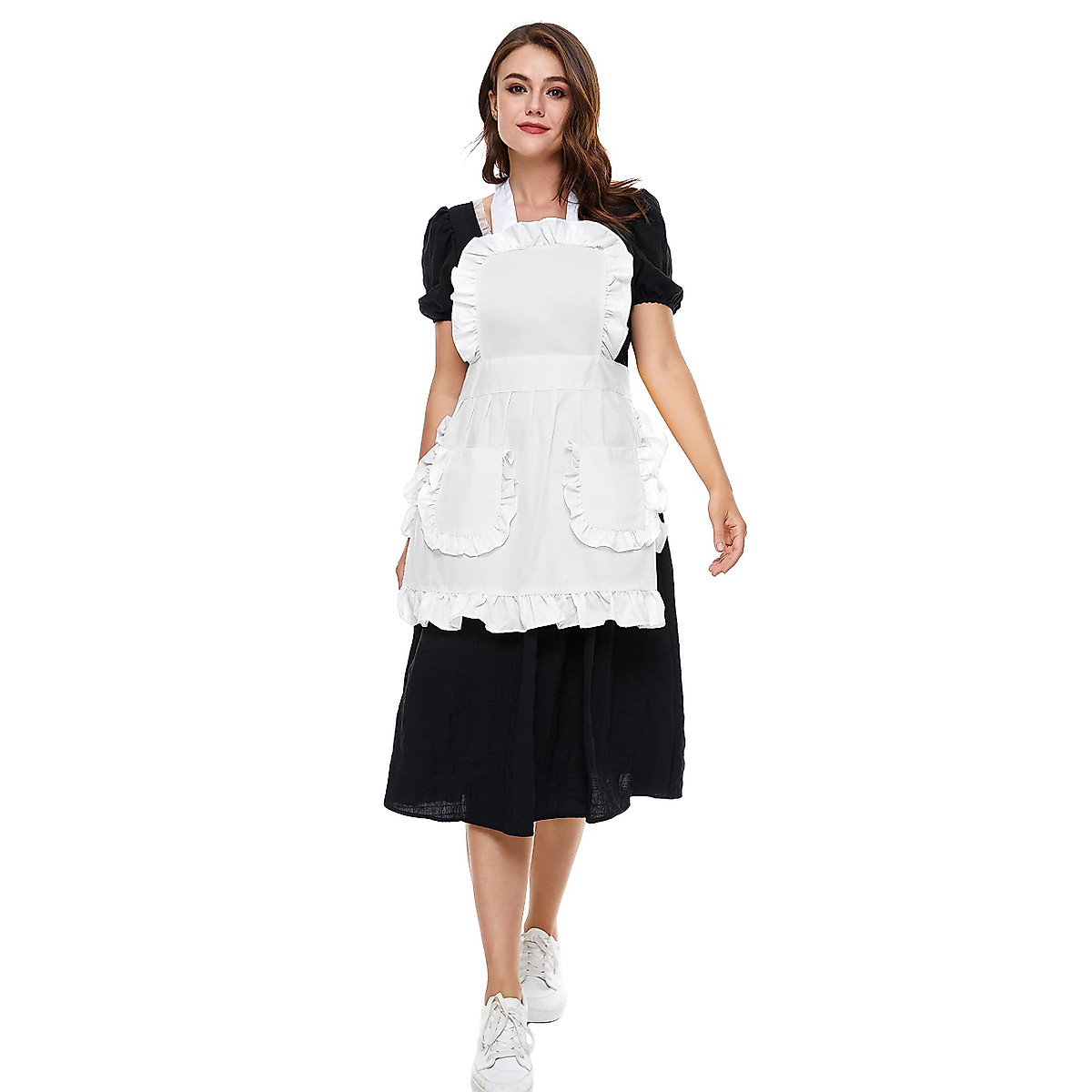 LilMents Women's Ruffles Outline Retro Pockets Apron Kitchen Cooking Cleaning Maid Costume (White)